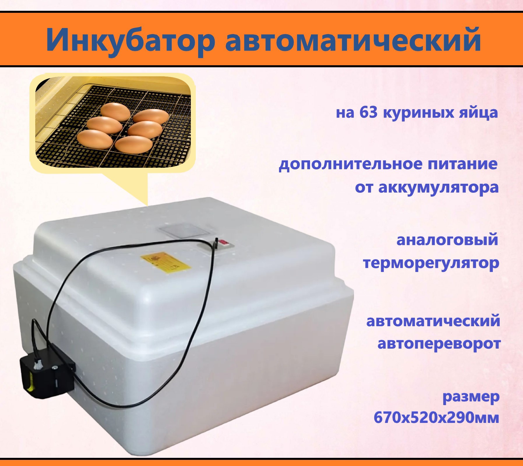 Инкубатор автоматический Несушка на 63 яйца 220В/12В с аналоговым ...