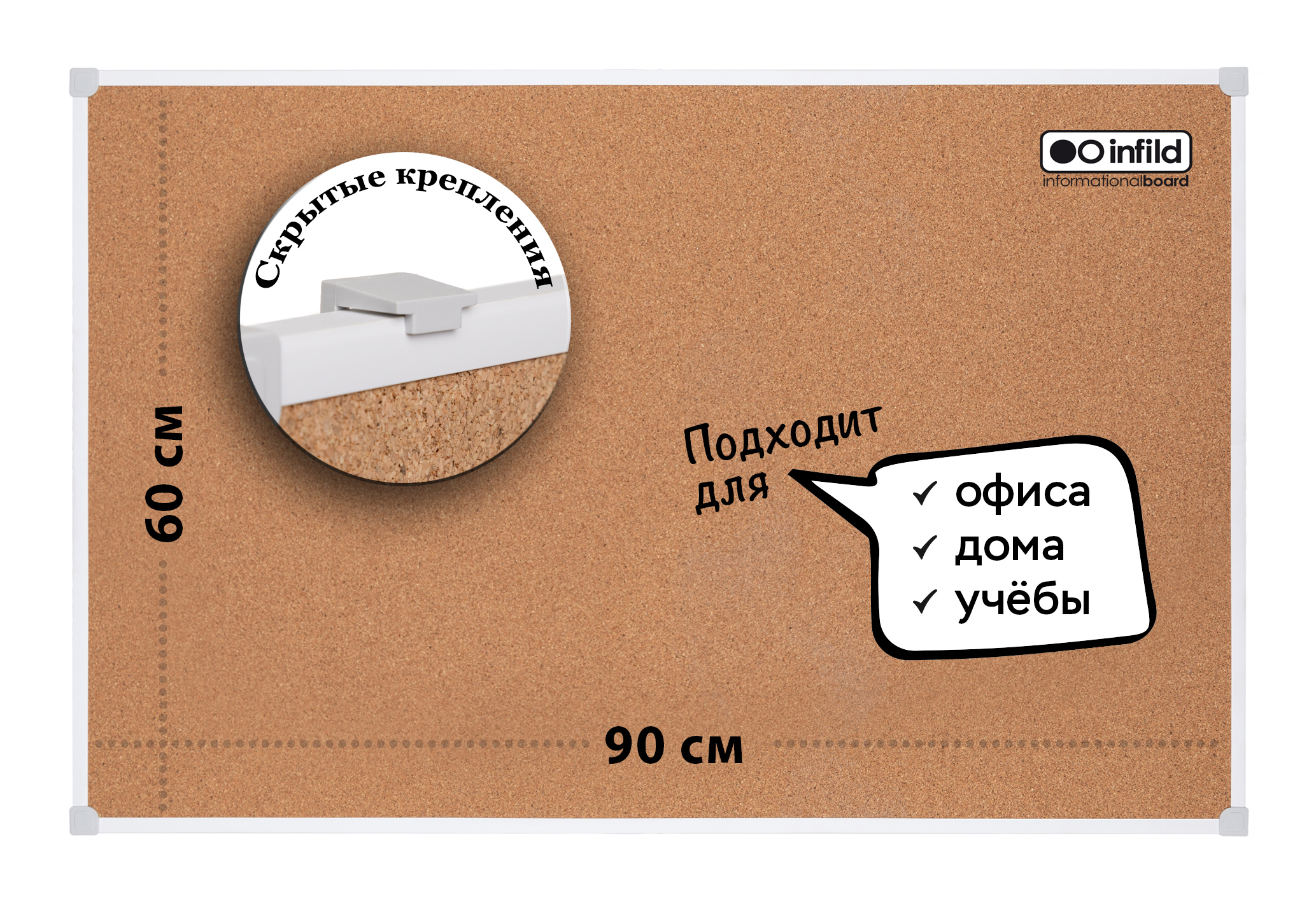 Доска с пробковым покрытием Infild BC-PL69, 60x90 см в ПВХ профиле ️ ...