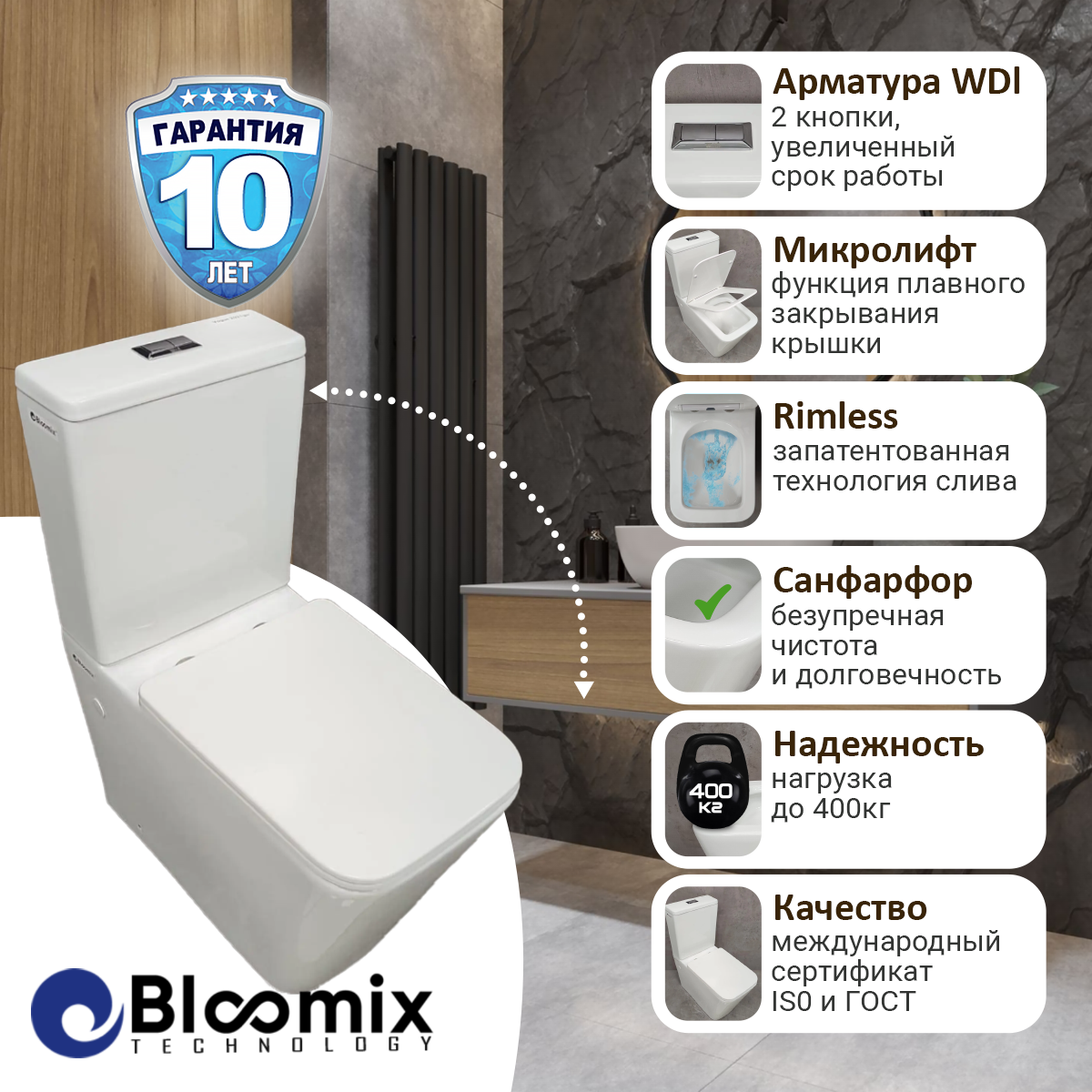 Унитаз-компакт Bloomix Vogue 2021GW горизонтальный выпуск ️ купить по ...