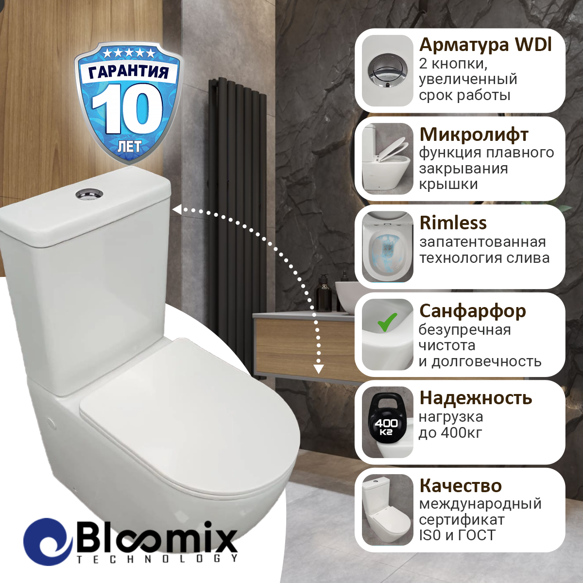 Унитаз-компакт Bloomix S-Line 5016 горизонтальный выпуск двойной слив ️ ...