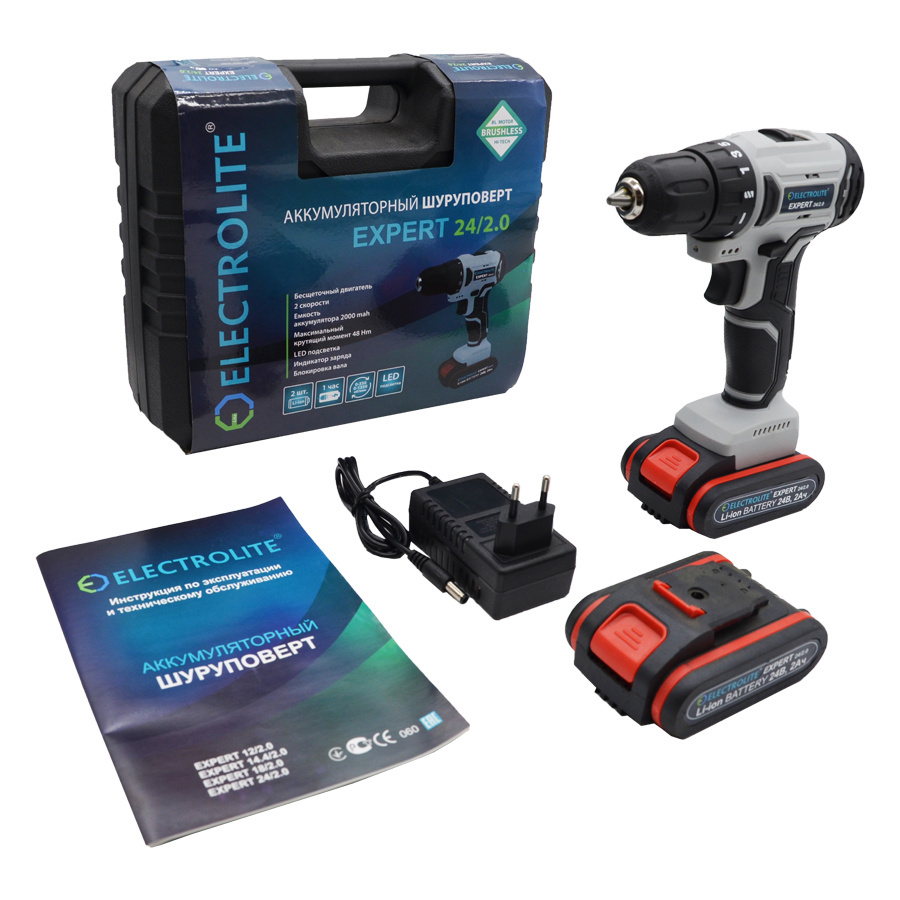 Дрель-шуруповерт аккумуляторная бесщеточная Electrolite Expert 24/2.0 BL, 24 В Li-Ion 2x2 Ач ️ ...