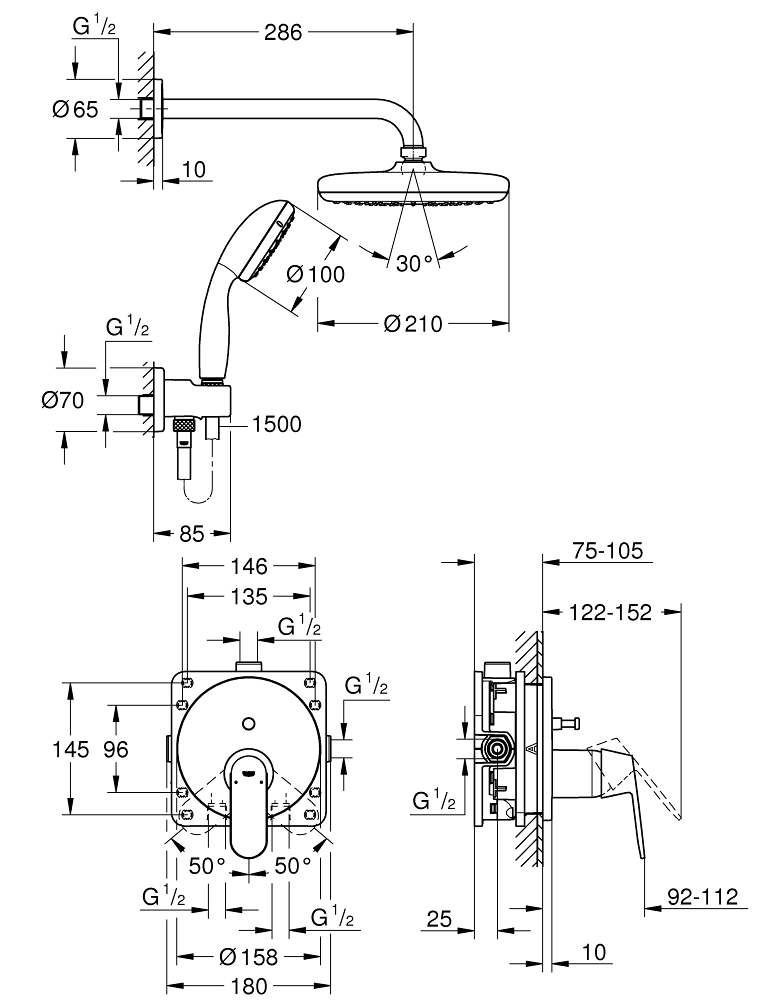 Душевая система Grohe 25219001 Eurosmart Cosmopolitan с верхним душем ...